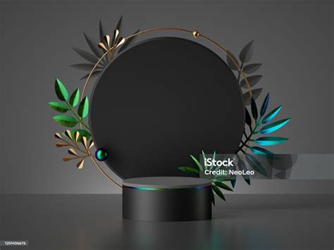 3d 렌더링 종이 열대 야자수 잎 잔인한 식물 쇼케이스와 추상적 인 검은 배경 실린더 스테이지 받침대 플랫폼 원형 배너 복사 공간이 있는 빈 보드 0명에 대한 스톡 사진 및