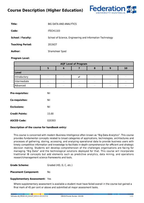 Itech 1103 Big Data And Analytics Title Big Data And Analytics Code