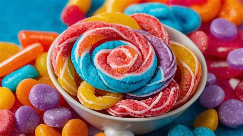 Colorful Assortment Of Sugary Candies In A Bowl And Spread On A Blue