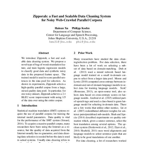 Zipporah A Fast And Scalable Data Cleaning System For Noisy Web Crawled Parallel Corpora Acl