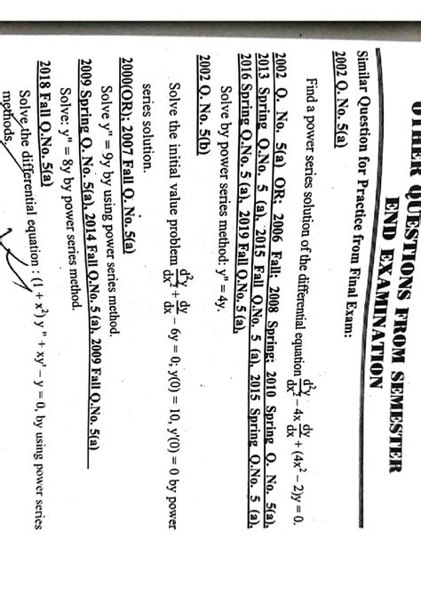 Power Series Calculus Ii Assignment Other Questions From Semester End Examination Similar