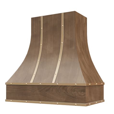 American Walnut Range Hood With Curved Front Brass Strapping Buttons