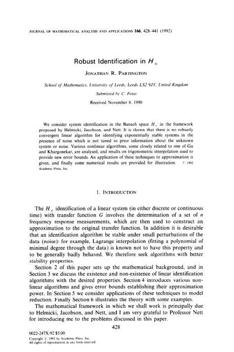 Pdf Robust Identification In H∞