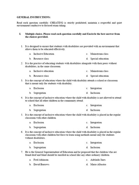 Test Construction Multiple Choice Exam Pdf Inclusion Education Special Education