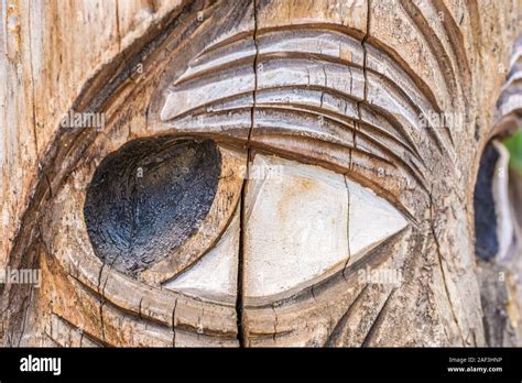 Carved Tree Trunk As A Decoration Looks At You Stock Photo Alamy