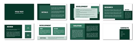 녹색 사각형 프리젠 테이션 템플릿입니다 평면 디자인 흰색 배경 8 슬라이드 제목 세부 사항 개발 연구 검토 솔루션 연락처 미끄러짐에 대한 스톡 벡터 아트 및 기타 이미지