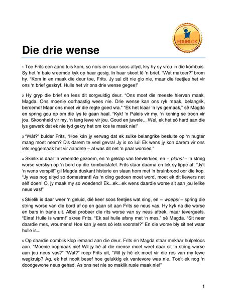 Afrikaanse Begripstoets Die Drie Wense Die Drie Wense 1 Toe Frits Een