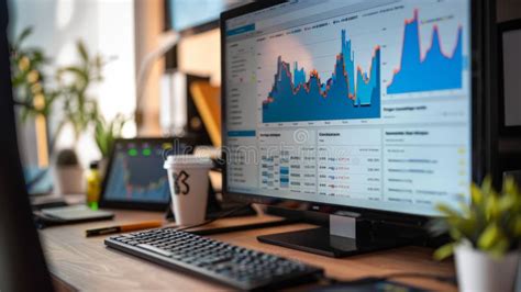 Computer Monitor Showing Detailed Financial Data Charts On A Desk With Coffee Professional