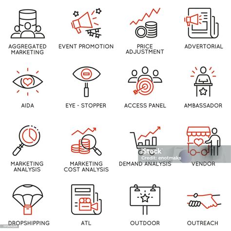 비즈니스 관리 프로세스 광고 홍보 및 마케팅과 관련된 선형 아이콘의 벡터 집합입니다 모노 라인 픽토그램 및 인포그래픽 디자인