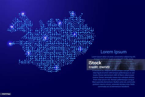 배너 포스터 인사장 벡터 일러스트 레이 션의 윤곽선에 블루 스타 공간 인쇄 된 보드 칩 및 라디오 구성 요소에서 아이슬란드를 매핑하십시오 0명에 대한 스톡 벡터 아트 및
