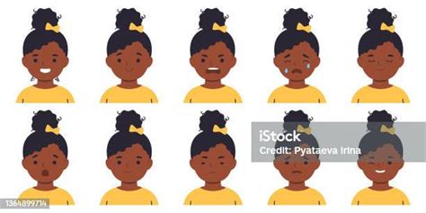 어린이 아바타 세트 아프로 소녀 다른 감정 흰색 배경에서 격리된 플랫 벡터 그림입니다 아기에 대한 스톡 벡터 아트 및 기타 이미지 Istock