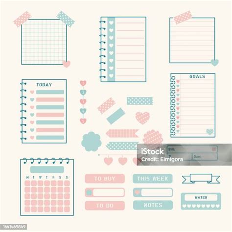 불렛 저널 요소 일일 플래너와 스티커 메모가 설정되었습니다 하트가 있는 파스텔 컬러 플래너 테마 월간 플래너 주간 플래너 Bullet Journal에 대한 스톡 벡터 아트