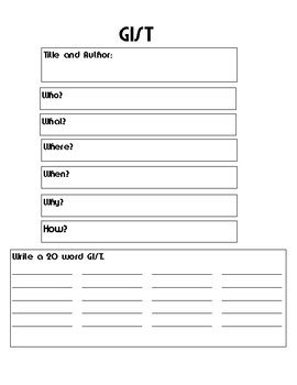 GIST Summary Main Idea Comprehension Reading Strategy Graphic Organizer RTI