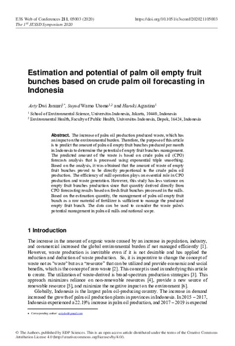 Pdf Estimation And Potential Of Palm Oil Empty Fruit Bunches Based On Crude Palm Oil