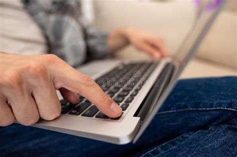 Unrecognizable Guy Using Laptop Working Online Typing Keyboard Stock