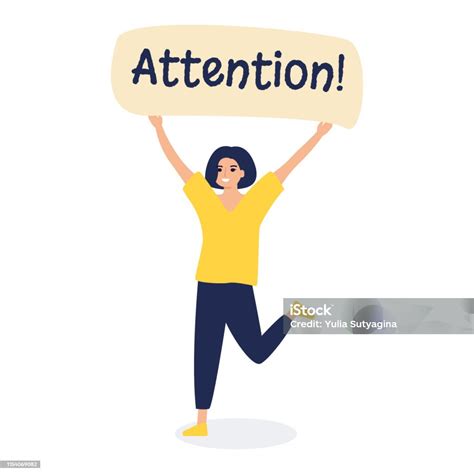 비문 주의와 그녀의 손에 포스터 발표를 들고 여자 운동가 행동에 대 한 호소 주의 항의 진술 징후 벡터 일러스트 레이 션에 흰색 배경 시위에 대한 스톡 벡터 아트 및 기타