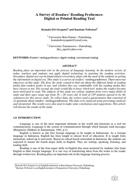 A Survey Of Readers Reading Preference Digital Or Printed Text Pdf Reading Comprehension