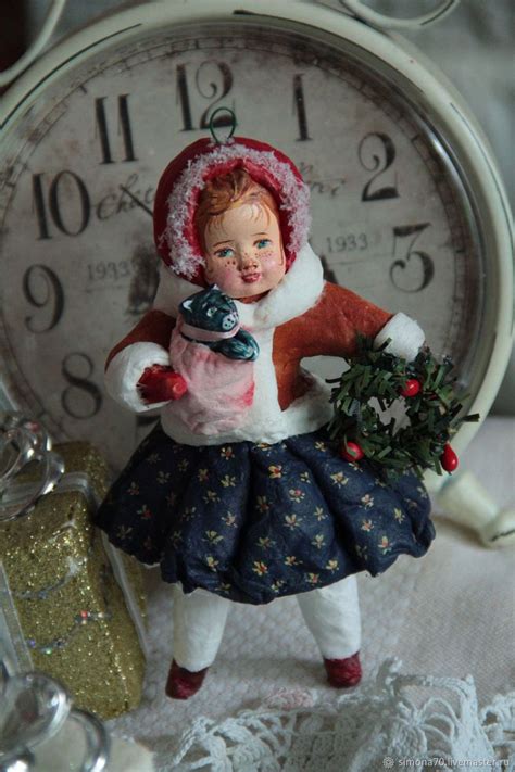 Купить Девочка Серафима с кошкой Ватная елочная игрушка ретро винтаж рождество рыжий