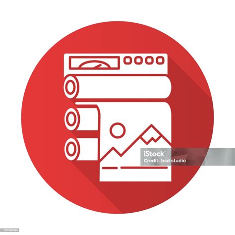 출판 산업 레드 플랫 디자인 긴 그림자 문고 아이콘입니다 인쇄 장비 산업용 종이 프레스 기계는 폴리 그래피를 생산합니다 자동화된 생산 공정 벡터 실루엣 일러스트레이션 개념에