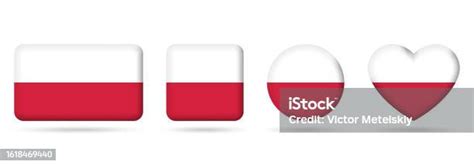 폴란드 국기 아이콘 또는 배지 세트입니다 폴란드어 광장 심장 및 원형 국가 상징 또는 배너 벡터 그림입니다 3차원 형태에 대한