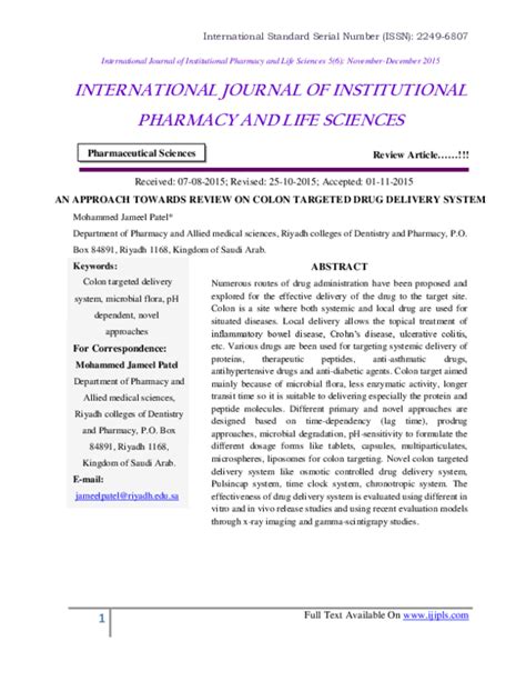 Pdf An Approach Towards Review On Colon Targeted Drug Delivery System