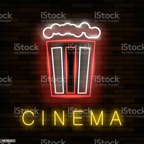 벽돌 배경 영화 빛 네온 간판입니다 색된 간판입니다 팝콘 아이콘 밝은 빛나는 배너 Premiere에 대한 스톡 벡터 아트 및 기타 이미지 Premiere