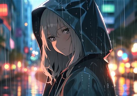 Anime Girl In Raincoat Standing In The Rain In The City Generative Ai
