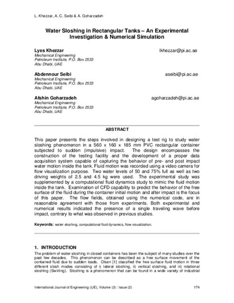 Pdf Water Sloshing In Rectangular Tanks An Experimental Investigation And Numerical Simulation