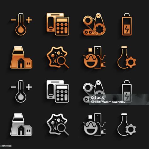 돋보기 배터리 테스트 튜브 기본 기하학적 모양 발전소 타이밍 벨트 키트 온도계 및 계산기 아이콘 아래에 미생물을 설정합니다 벡터