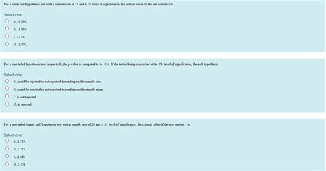 Solved For A Lower Tail Hypothesis Test With A Sample Size