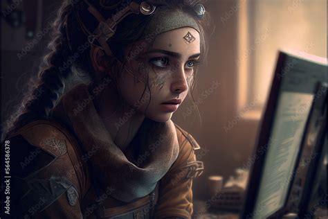 Program Development Concept Young Woman Working On Desktop Computer Typing Data Code Non