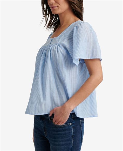 Lucky Brand Striped Square Neck Flutter Sleeve Cotton Top Macys
