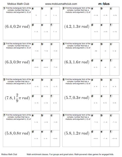 Free Worksheet Complex Numbers Modulus And Argument Radians To Rectangular Form Level 1