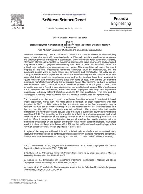 Pdf Block Copolymer Membrane Selfassembly From Lab To Fab Dream Or