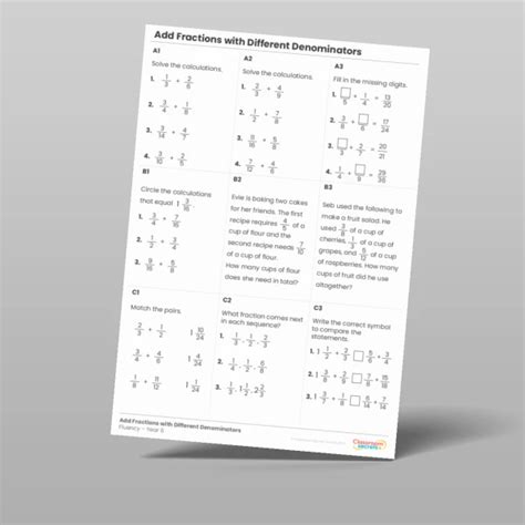 Year 6 Add Fractions With Different Denominators Fluency Matrix Resource Classroom Secrets