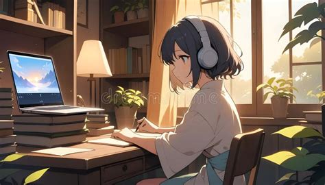 Serene Study Session Anime Girl Studying At Desk With Laptop And