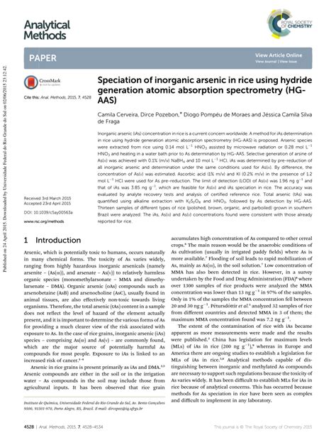 Pdf Speciation Of Inorganic Arsenic In Rice Using Hydride Generation