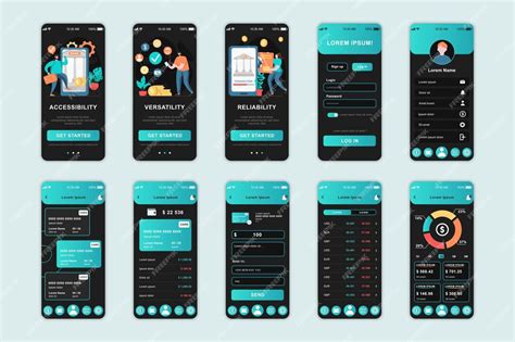 모바일 앱 템플릿 Ui Ux Gui 사용자 인터페이스 키트에 대한 은행 개념 화면 설정 프리미엄 벡터