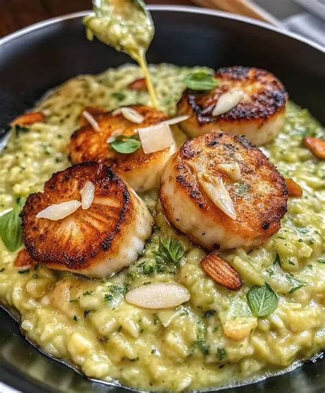 Creamy Basil Risotto With Seared Sea Scallops Recipe Erin Recipes