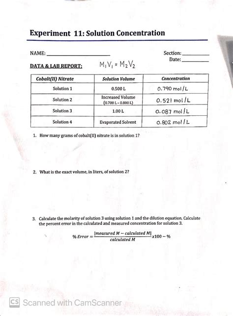 solved experiment 11 solution concentration name section