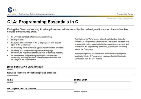 Jeeva Sureha On Linkedin Certificate Of C Program From Cisco