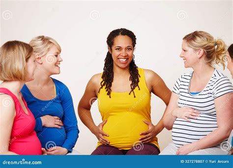Woman Group And Support For Pregnancy Class Together And Smile For