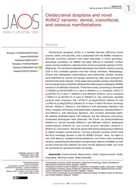 Identification Of Novel Mutation Of Runx2 Causing Cleidocranial Dysplasia Published In Journal