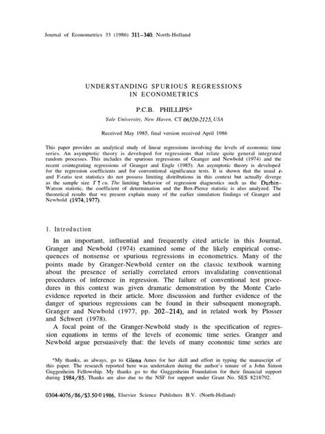 Phillips 1986 Spurious Regressions Pdf Regression Analysis Statistics