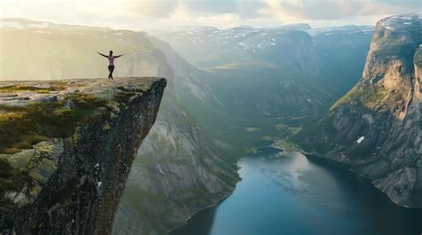 Premium Photo A Woman Stands With Her Arms Outstretched On The Edge