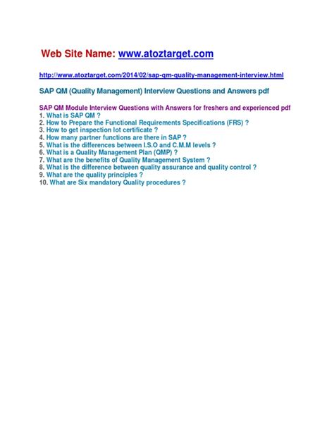 Sap Qm Interview Questions And Answers Pdf Quality Management Quality