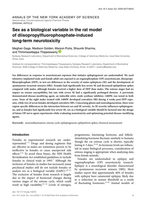 PDF Sex As A Biological Variable In The Rat Model Of Diisopropylfluorophosphateinduced Long