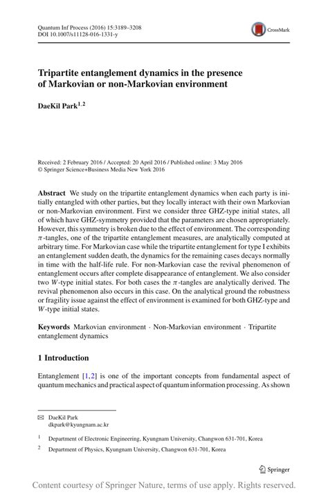 Tripartite Entanglement Dynamics In The Presence Of Non Markovian