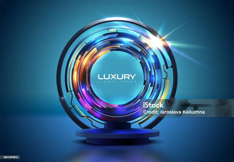 추상 라운드 3d 블루 연단 와 기술 서클 글로우 링 와 배경 블루 퍼플 조명 효과 제품 프리젠 테이션을 위한 벡터 파란 벽 배경 모형 사실적인 무대 쇼케이스 장면 가상