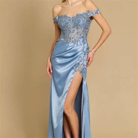 Kos Couture Dresses Dusty Blue Embellished Corset Offshoulder